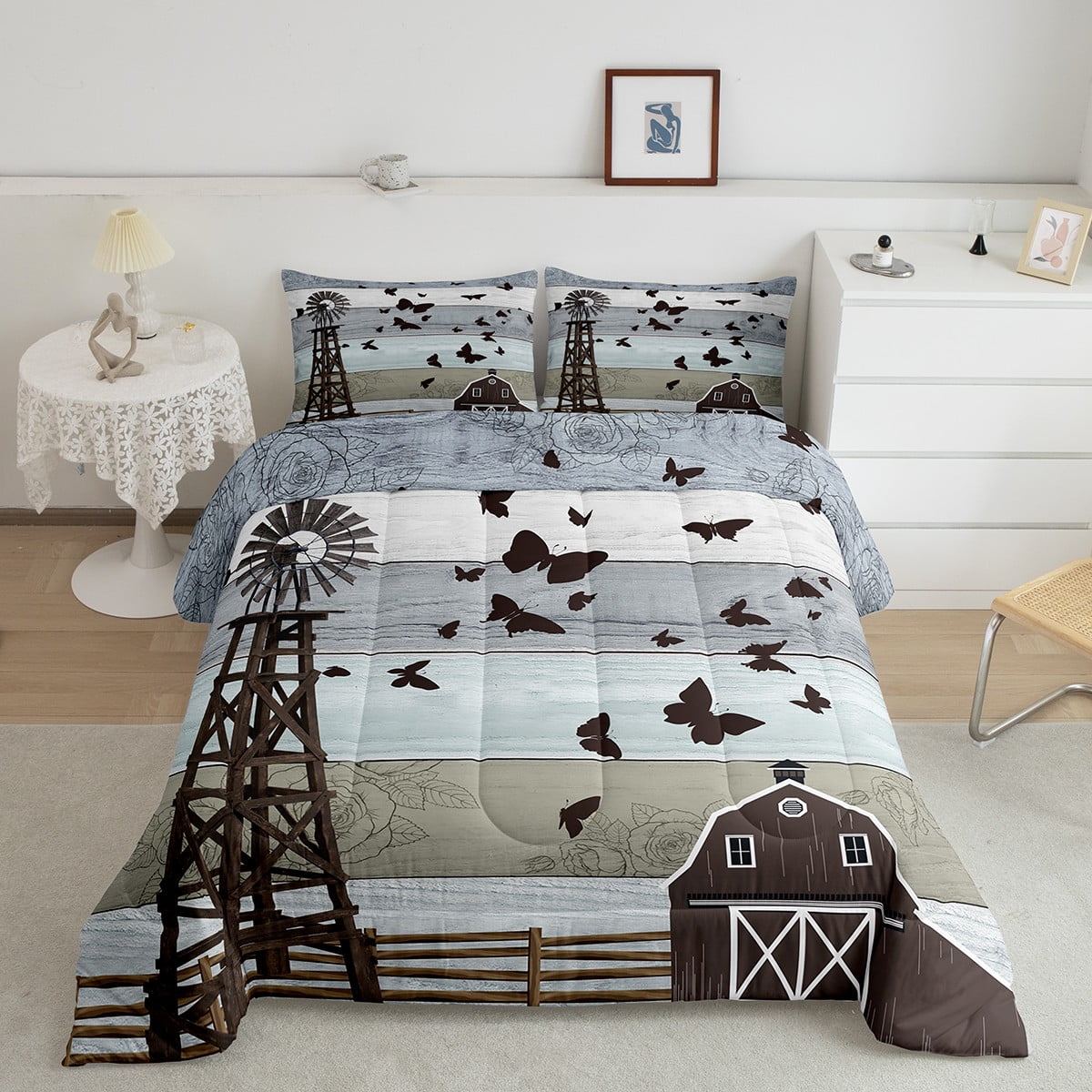Windmill Decor Farmhouse Bedding Set Pinwheel Winnow Quilt Butterfly ...