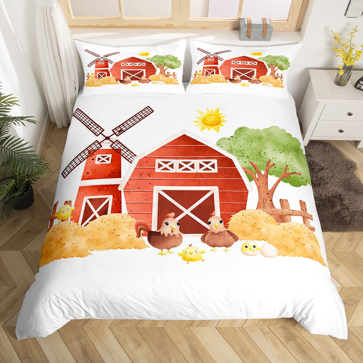 Windmill Decor Farmhouse Bedding Set Red Farm House Comforter Cover ...