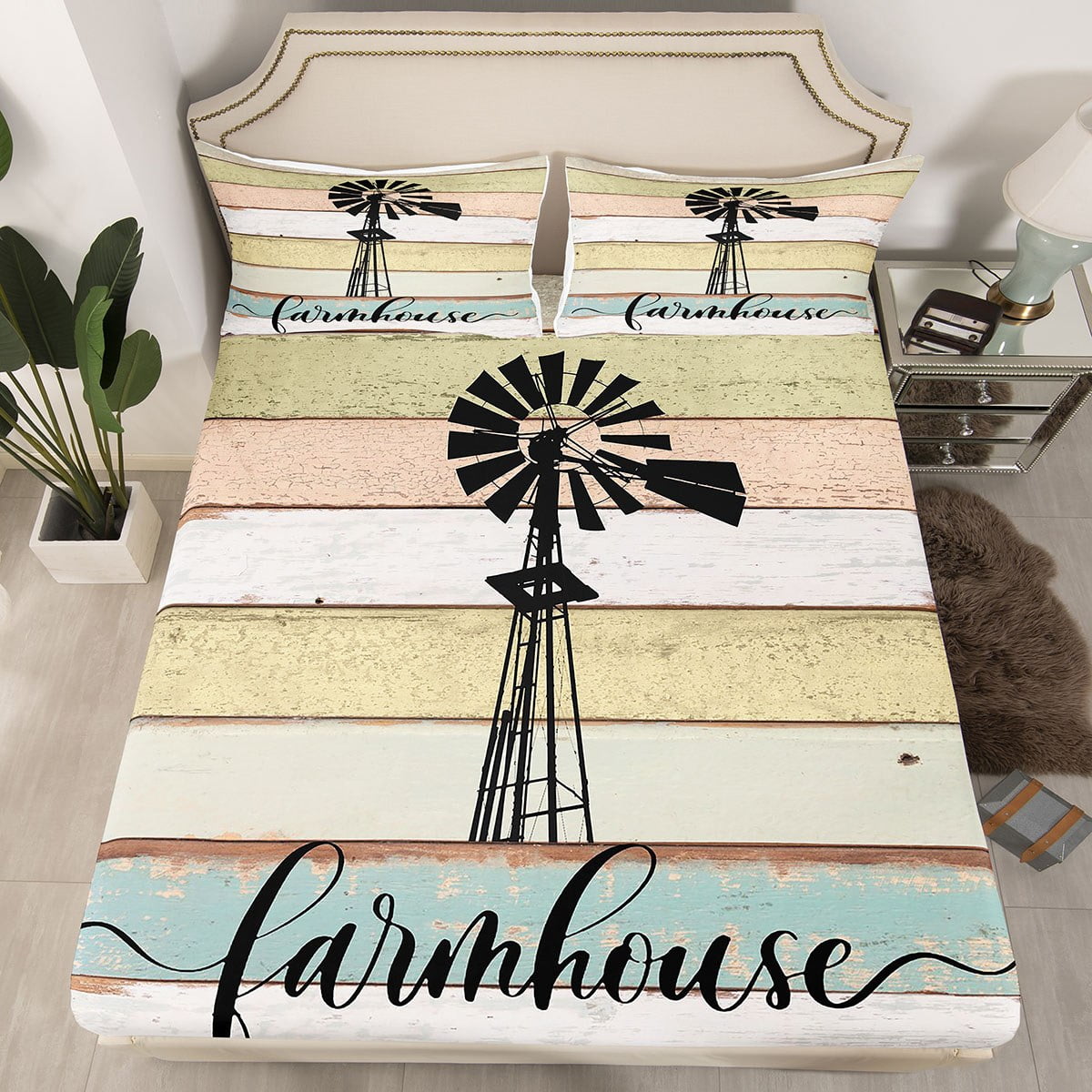 Windmill Decor Farmhouse Bedding Set, Rustic Wood Farm Fitted Sheet ...