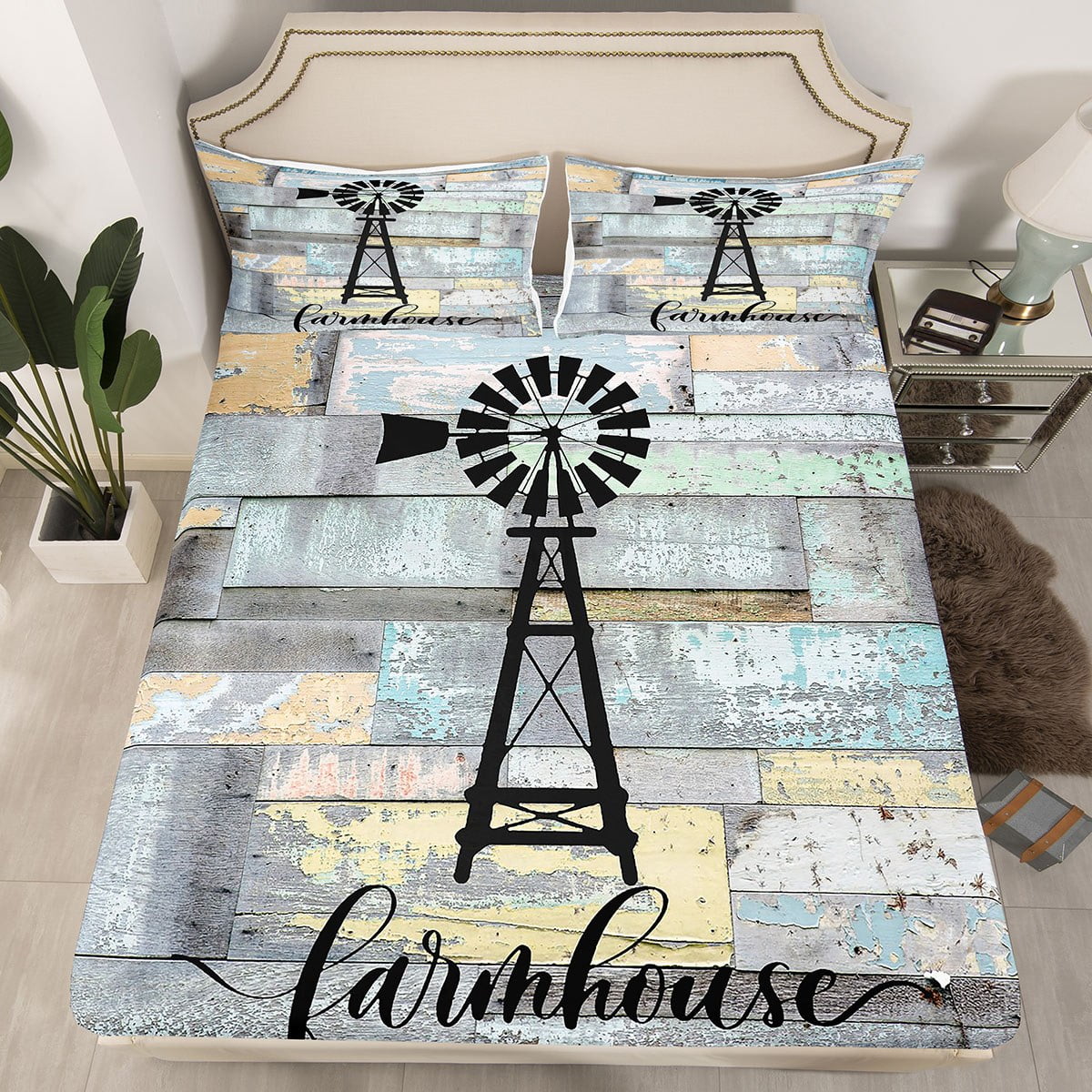 Windmill Decor Farmhouse Bedding Set, Vintage Country Western Bed ...