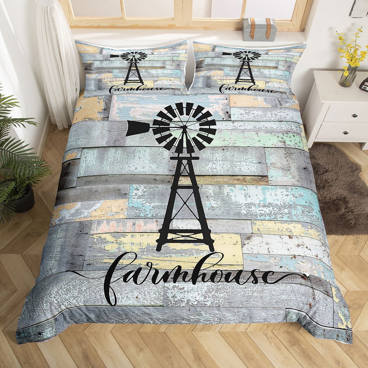 Windmill Decor Farmhouse Bedding Set, Vintage Country Western Comforter ...