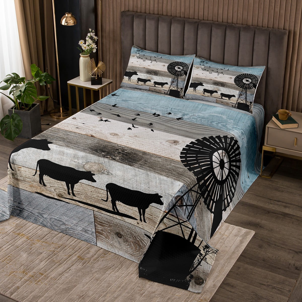 Windmill Decor Farmhouse Bedspread Set Milk Cow Coverlet Set,Farm ...