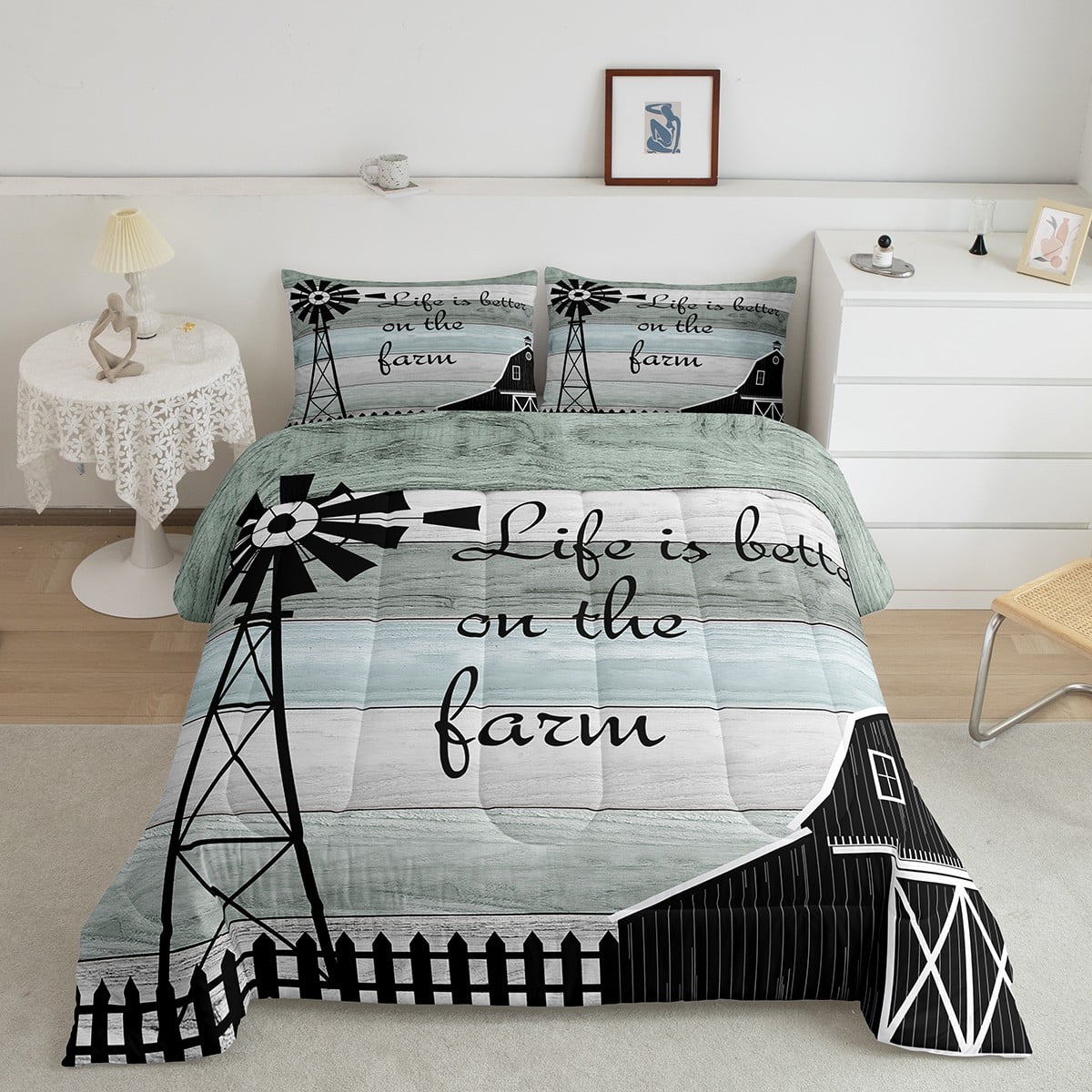 Windmill Decor Farmhouse Comforter Set Country Vintage Barn Door ...