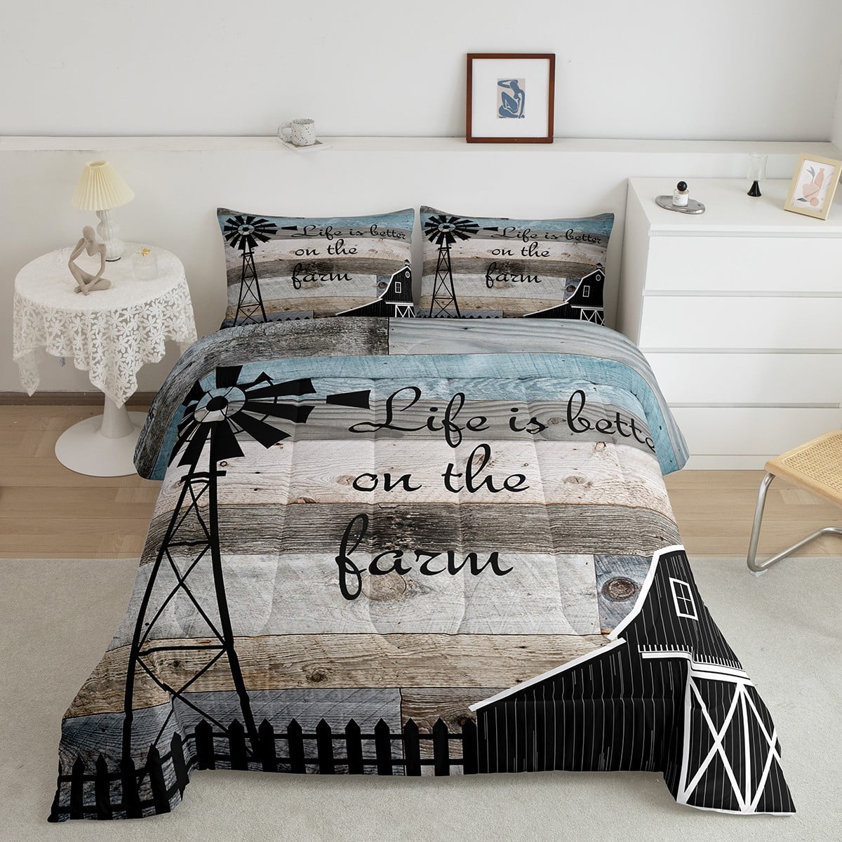 Windmill Decor Farmhouse Comforter Set Country Vintage Barn Door ...