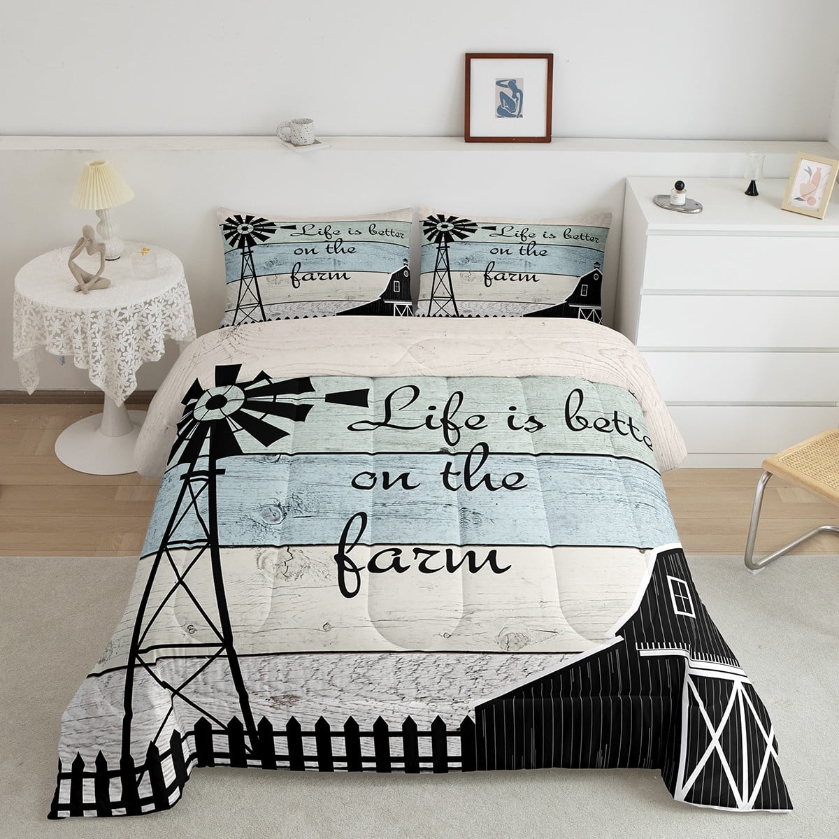 Windmill Decor Farmhouse Comforter Set Country Vintage Barn Door ...