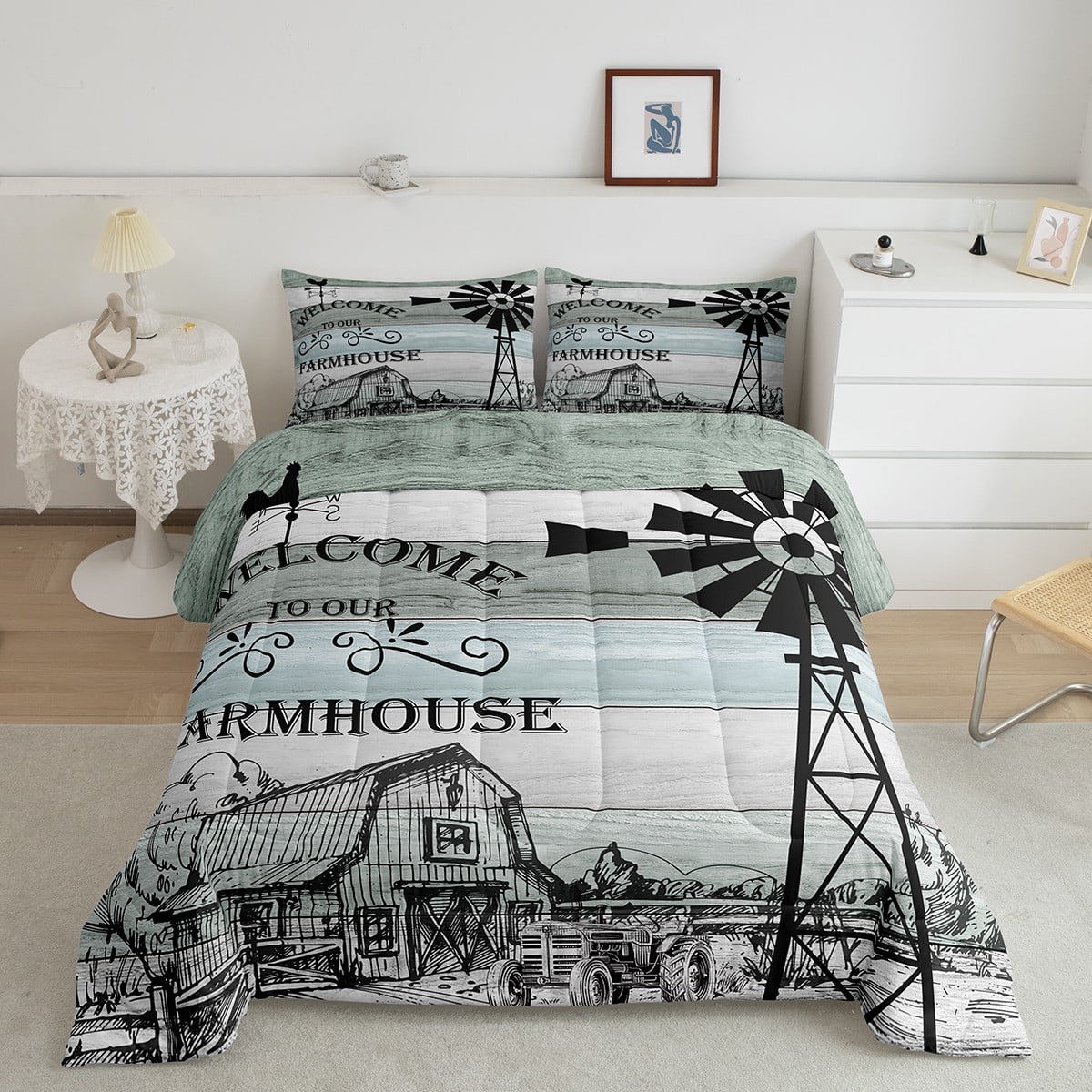Windmill Decor Farmhouse Comforter Set Country Vintage Barn Door ...