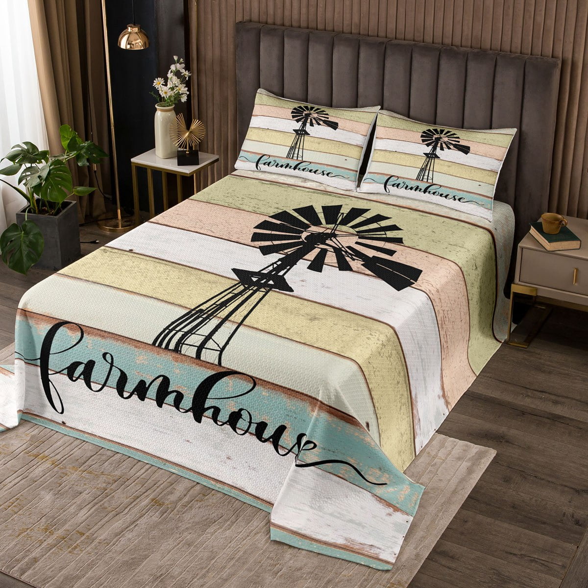 Windmill Decor Farmhouse Coverlet Set, Rustic Wood Farm Quilt Set ...