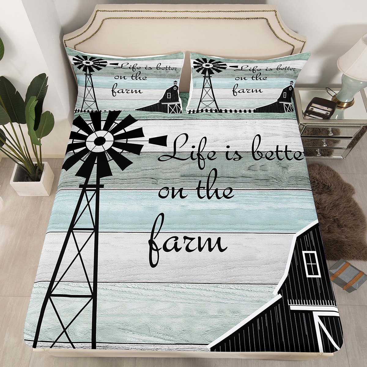 Windmill Decor Farmhouse Fitted Sheet Country Vintage Barn Door Bed ...