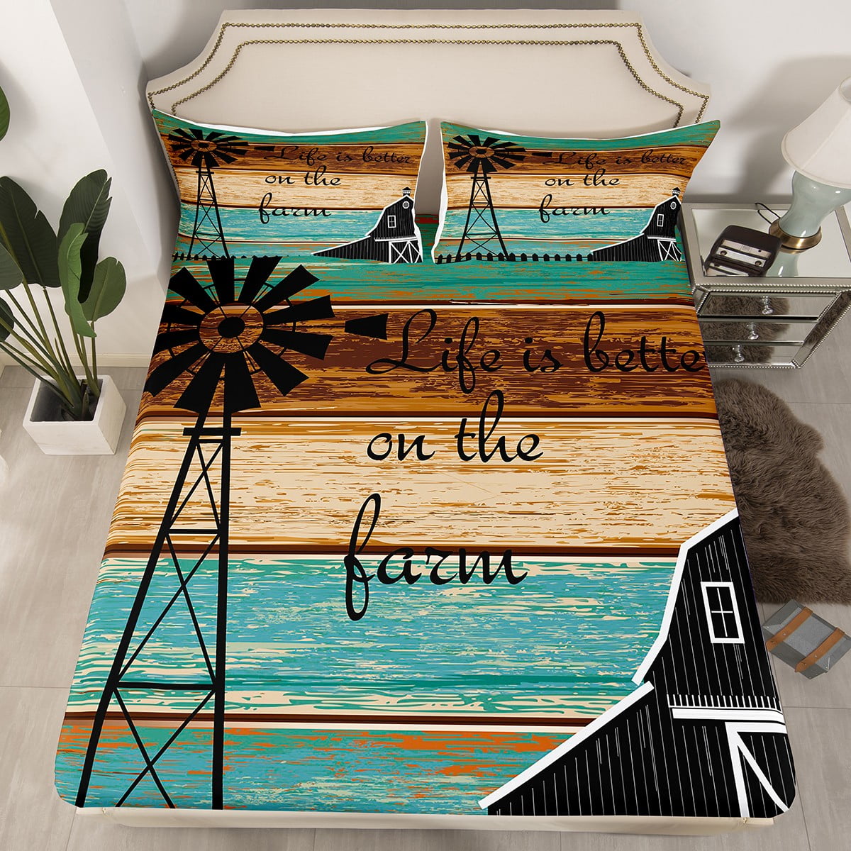 Windmill Decor Farmhouse Fitted Sheet Country Vintage Barn Door Bed ...