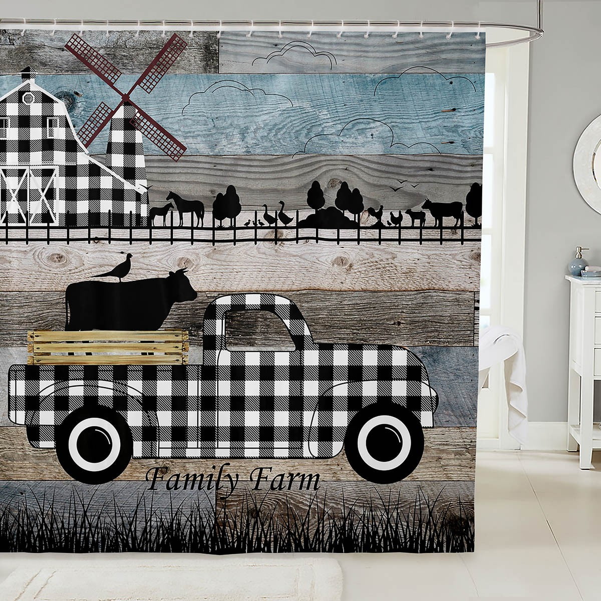 Windmill Decor Farmhouse Waterproof Bathroom Curtains Farm Animals Milk ...