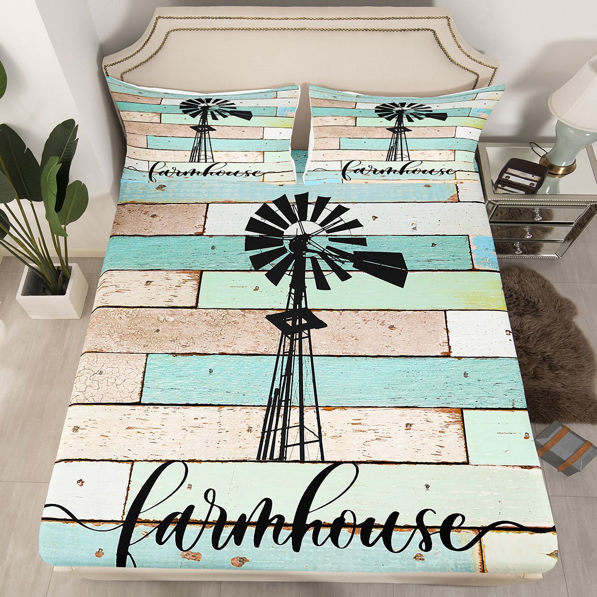 Windmill Decor Fitted Sheet Full Size, Rustic Farmhouse Cabin Bed ...