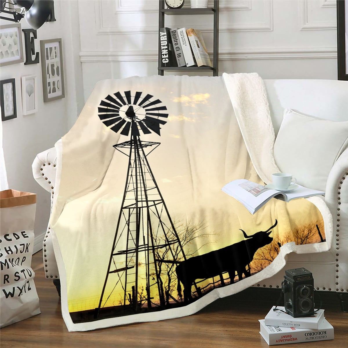 Windmill Decor Throw Blanket Farmhouse Cattle Fuzzy Blanket for Kids ...
