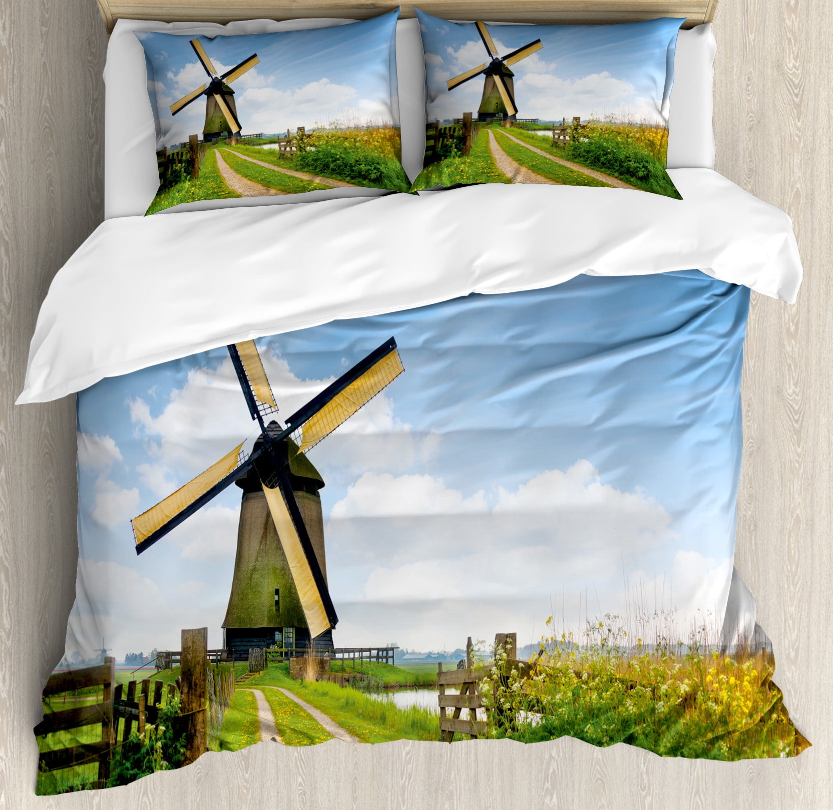Windmill Duvet Cover Set, Blooming Spring Field in Holland Old ...