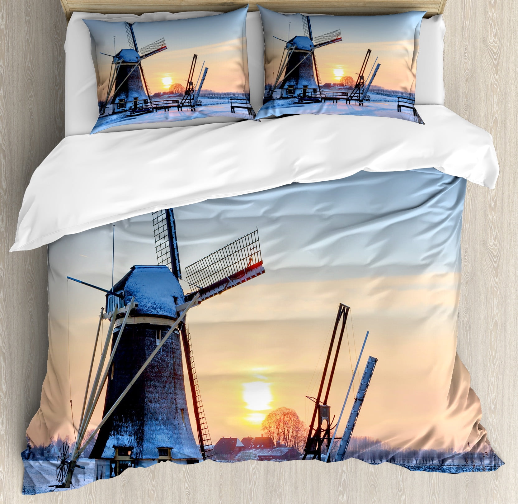 Windmill Duvet Cover Set, Frozen Winter View Dutch Windmill Covered in ...