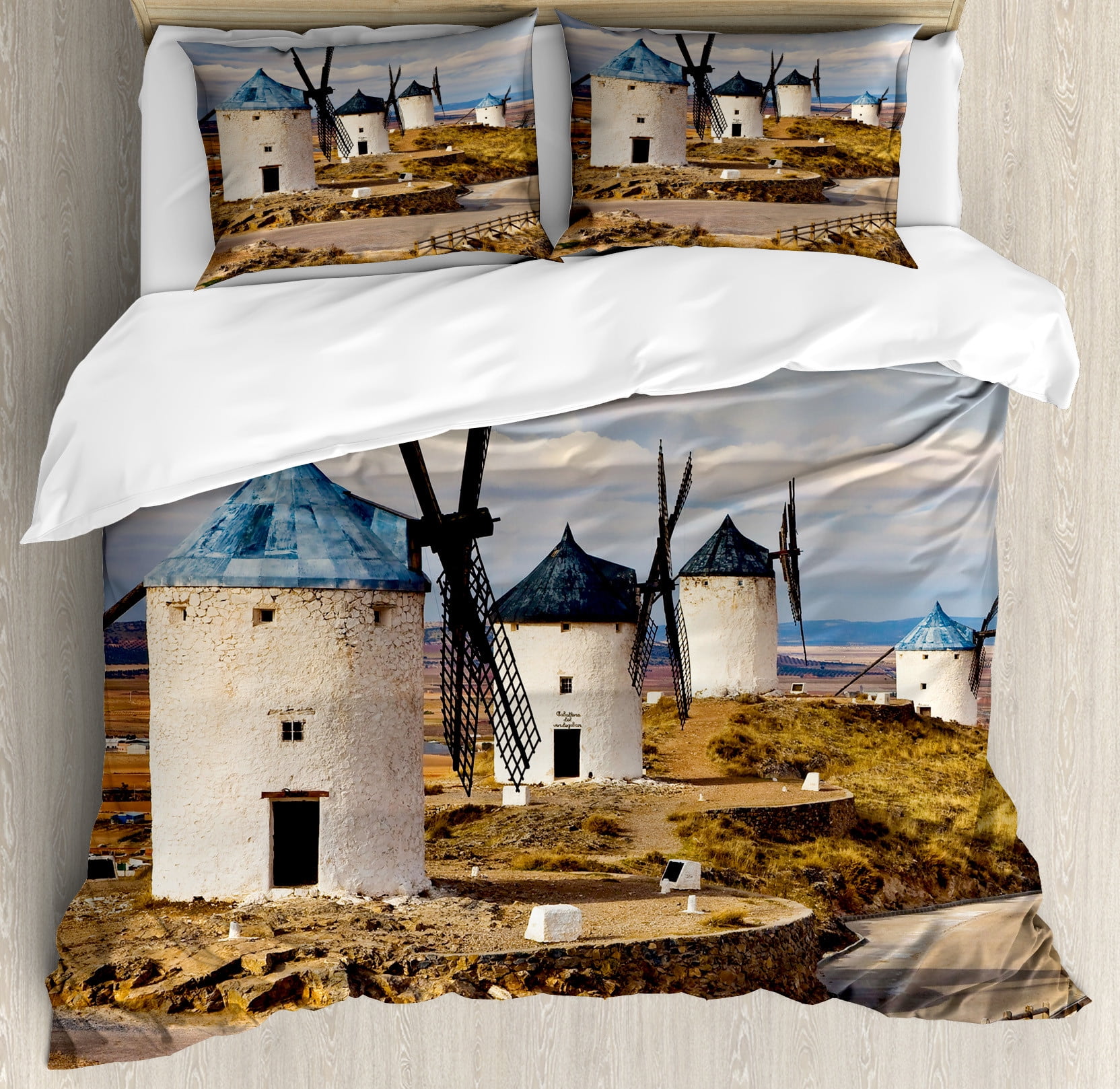 Windmill Duvet Cover Set, Medieval Spain Windmills in Consuegra Old ...