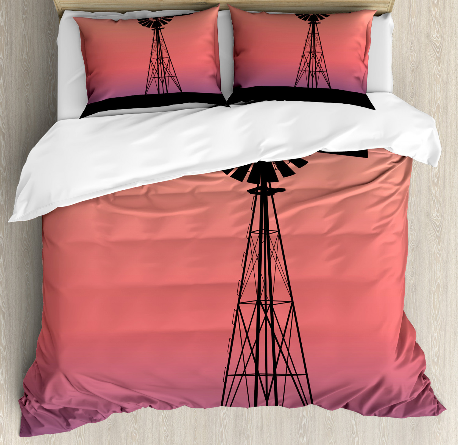 Windmill Duvet Cover Set Queen Size, Windmill Silhouette at Dreamlike ...