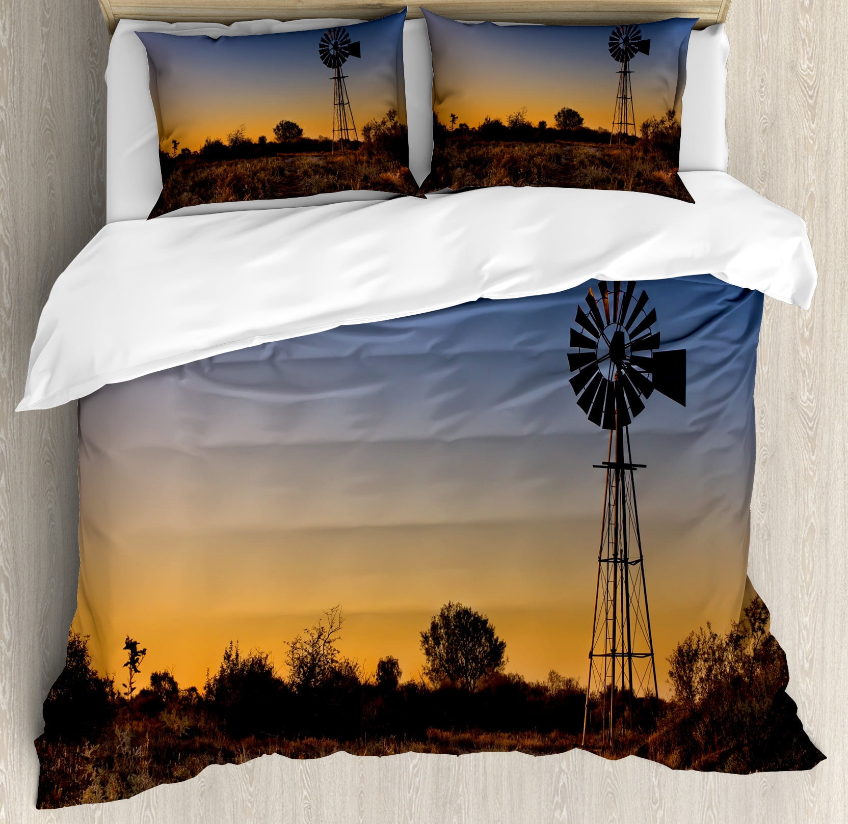 Windmill Duvet Cover Set, Sunset in Kalahari Peaceful Outdoors ...
