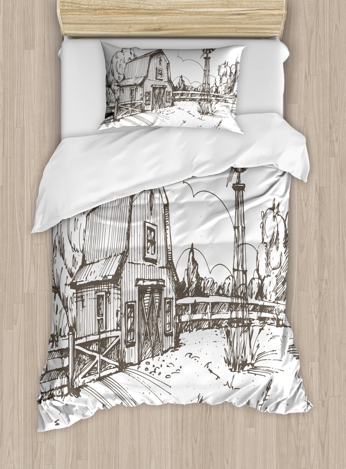 Windmill Duvet Cover Set Twin Size, Rustic Barn Farmhouse Hand Drawn ...