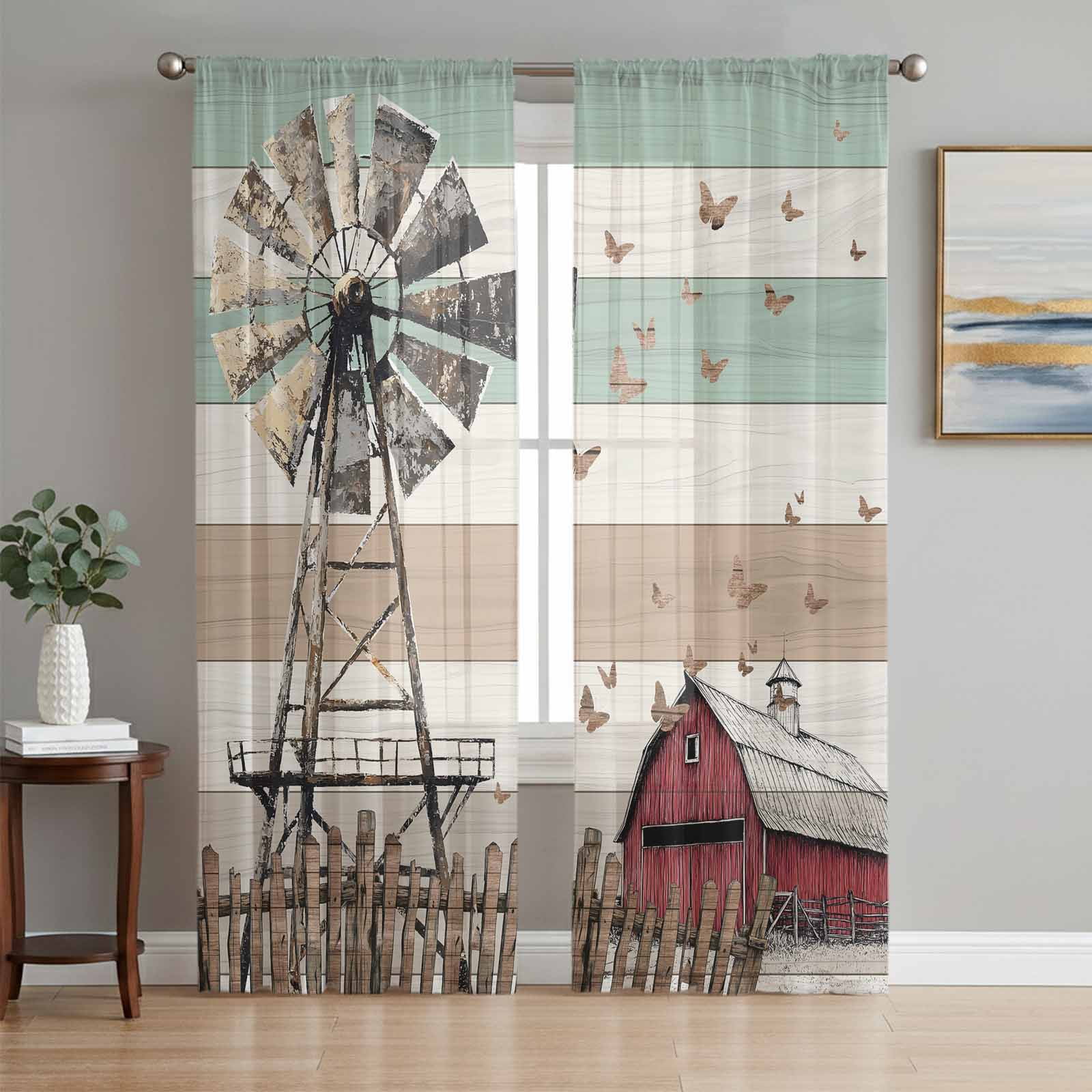 Windmill Farmhouse Semi Sheer Curtains 96 Inch Length 2 Panels Set ...