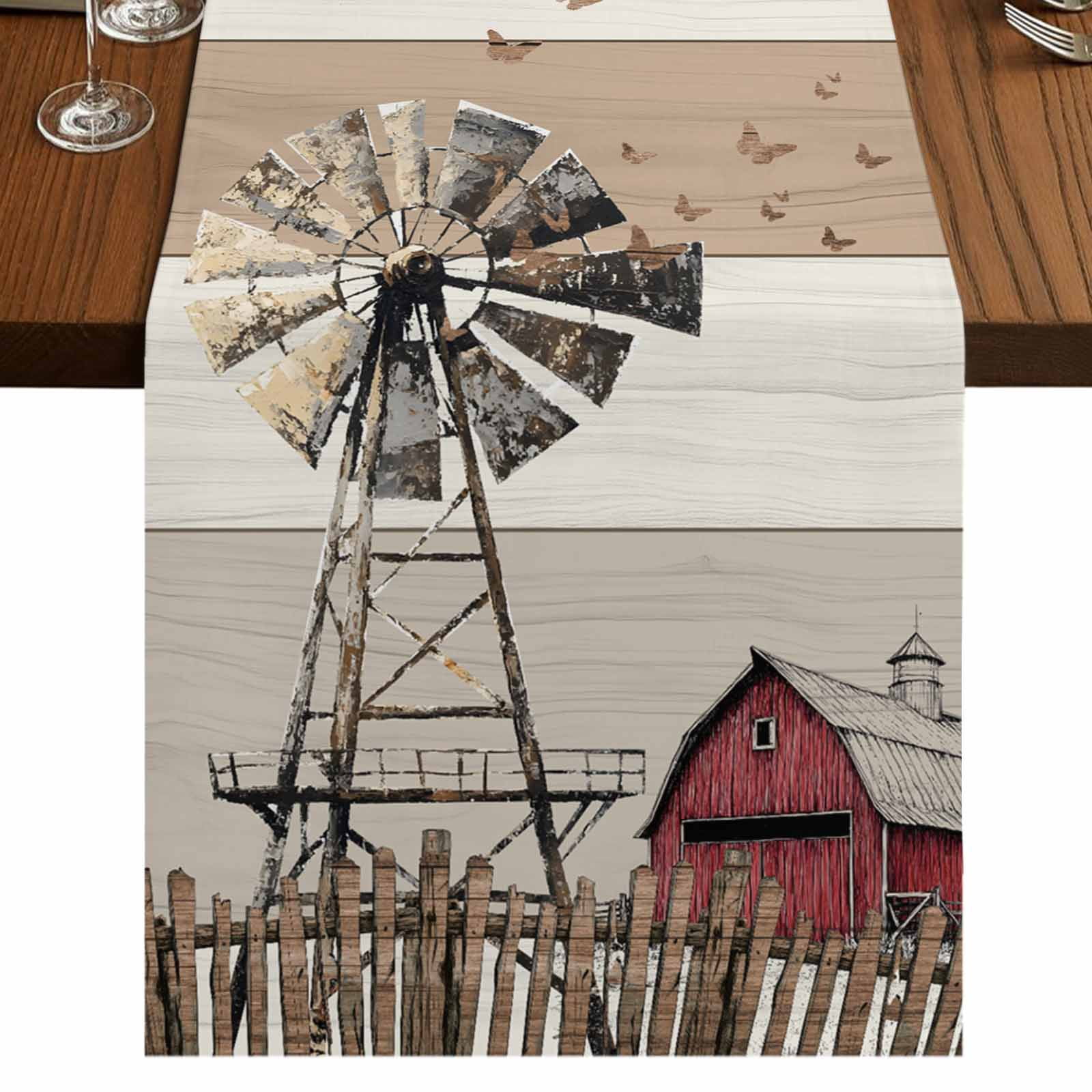 Windmill Farmhouse Table Runner 108 Inches Long,Vintage Teal Brown ...