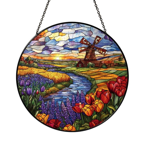 Windmill Field Stained Glass Round Suncatcher – Countryside Window ...