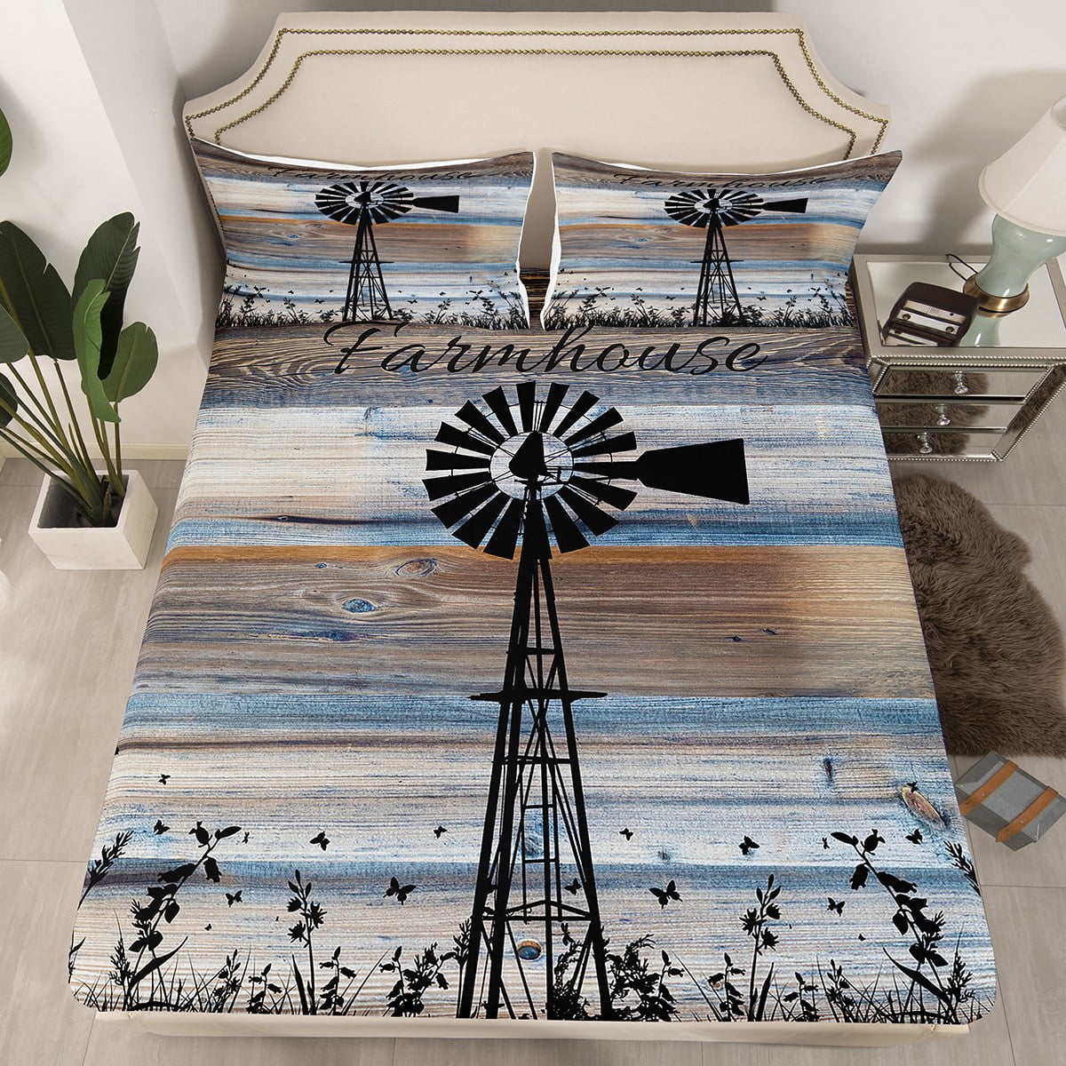 Windmill Fitted Sheet Full Size, Rustic Farmhouse Bed Sheets Retro ...