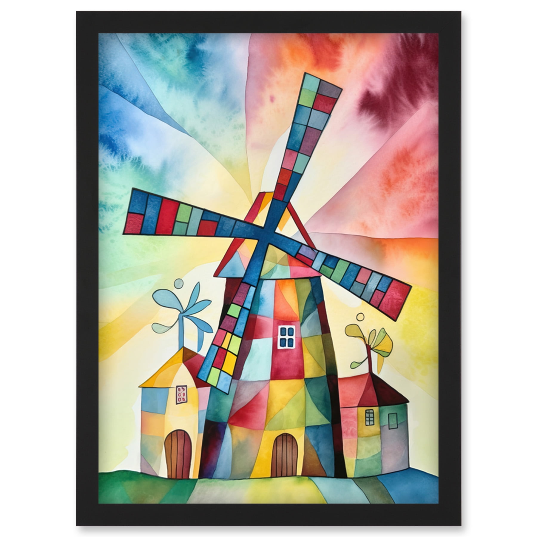 Windmill Folk Art Abstract Bright Artwork Framed Wall Art Print A4 ...
