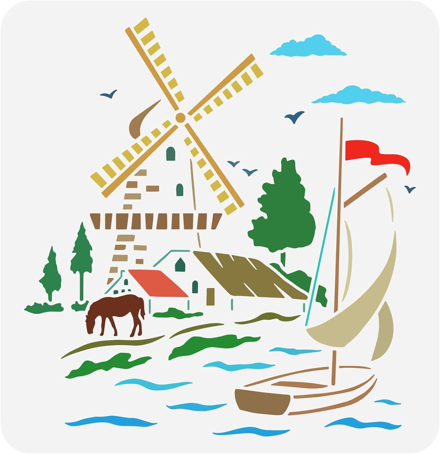 Windmill Scenery Stencil 11.8x11.8inch Reusable Farm Painting Template ...