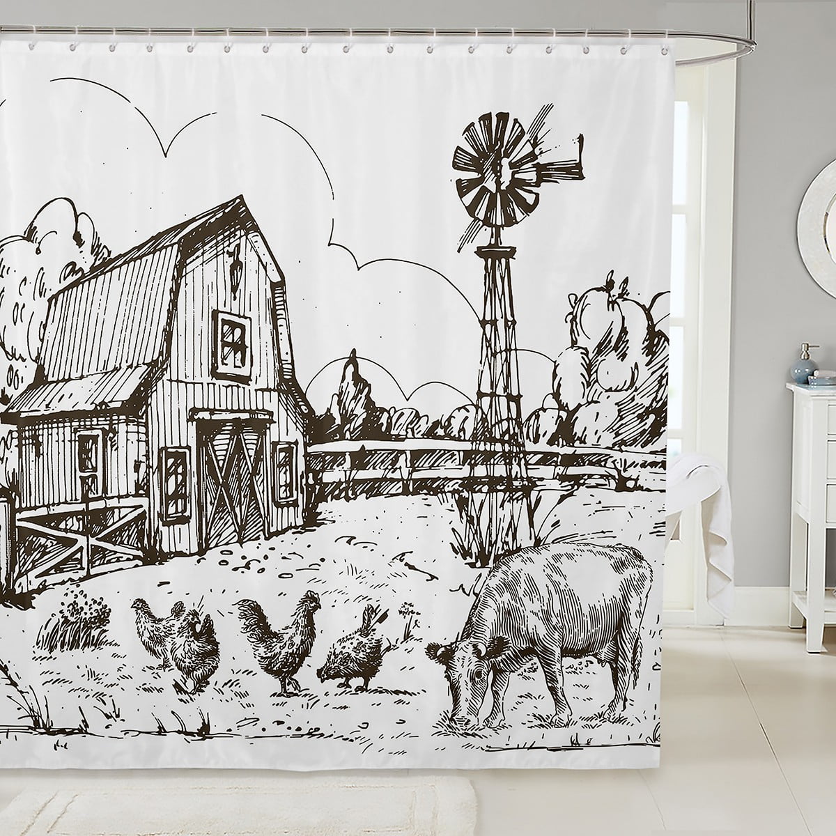 Windmill Shower Curtain,Rustic Barn Farmhouse Bath Curtain,Chick Cow ...