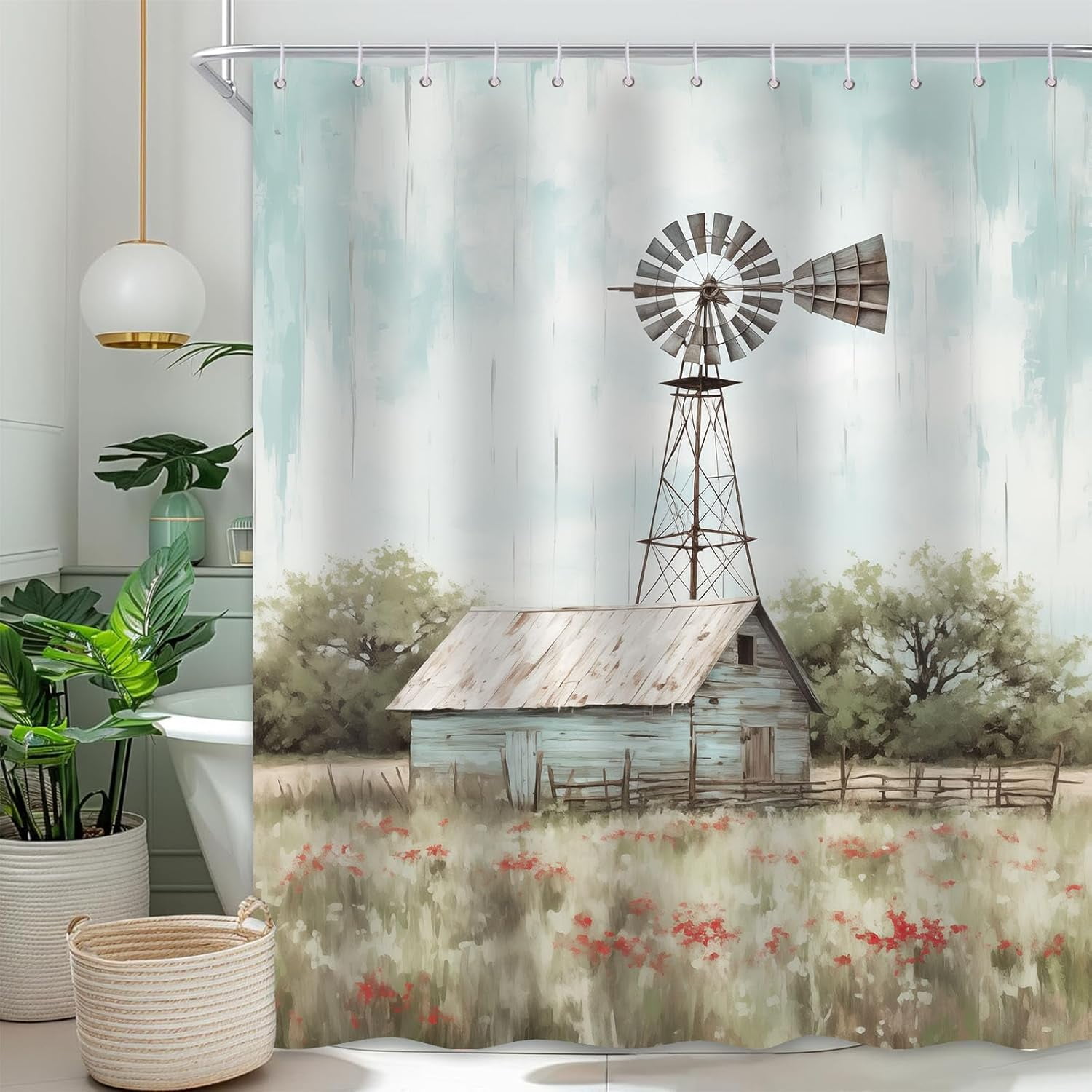 Windmill Shower Curtain Rustic, Farmhouse Shower Curtain, Teal Retro ...