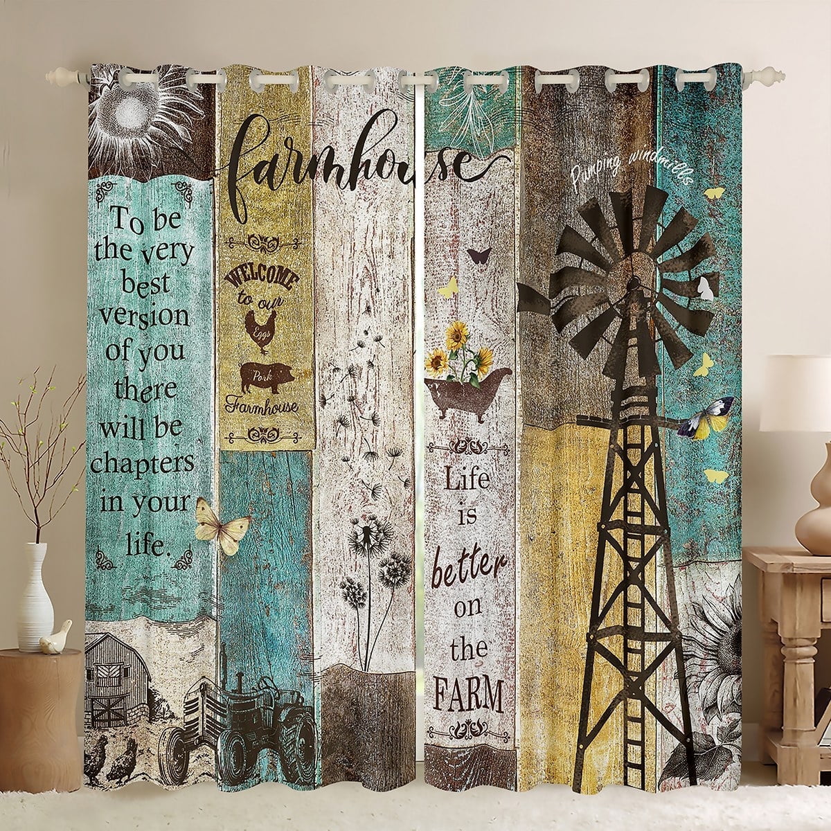 Windmill Themed Blackout Curtains 38"Wx45"L, Rustic Farmhouse Curtains ...