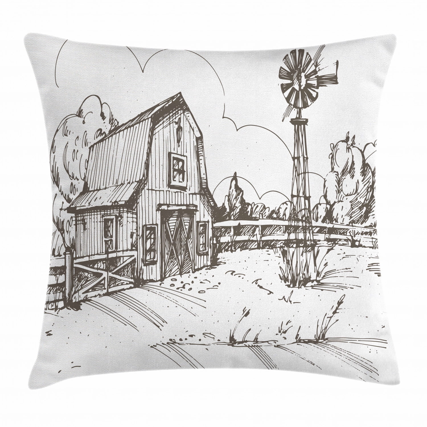 Windmill Throw Pillow Cushion Cover, Rustic Barn Farmhouse Hand Drawn ...