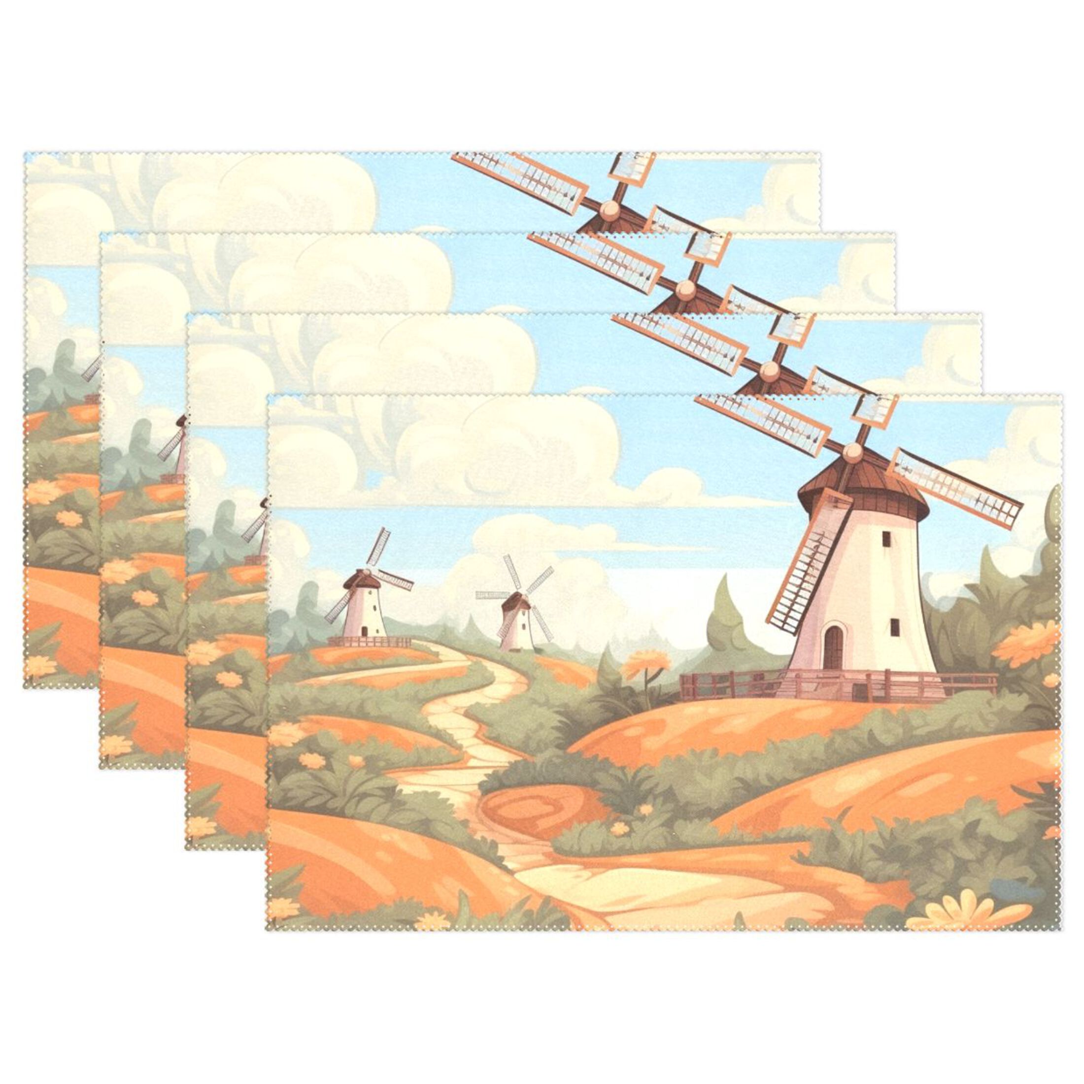 Windmill and Flowers 4 PCs Placemats Set Linen Non-Slip Table Mat ...