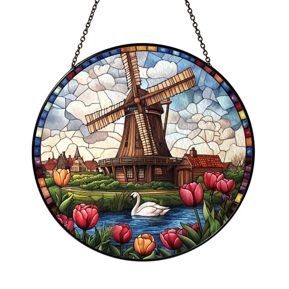 Windmill and Swan Stained Glass Style Suncatcher Window Hanging, Spring ...