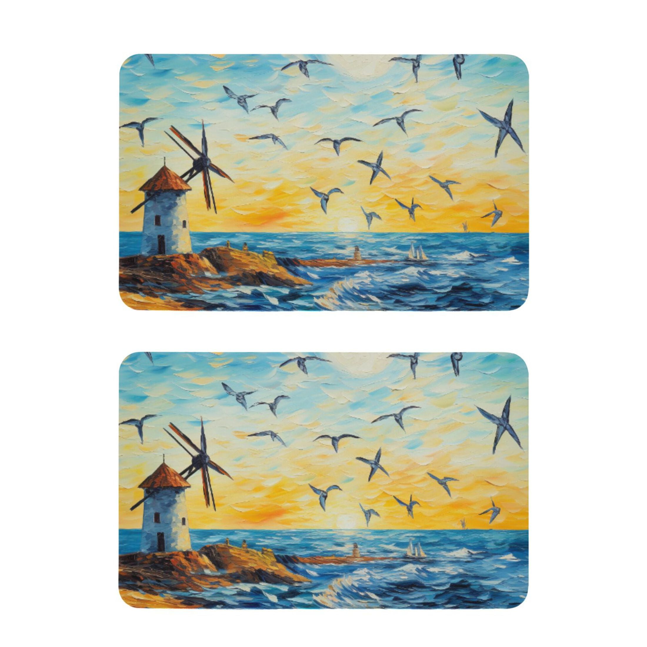 Windmill on Seashore and Seagull Refrigerator Magnet Stickers Square ...