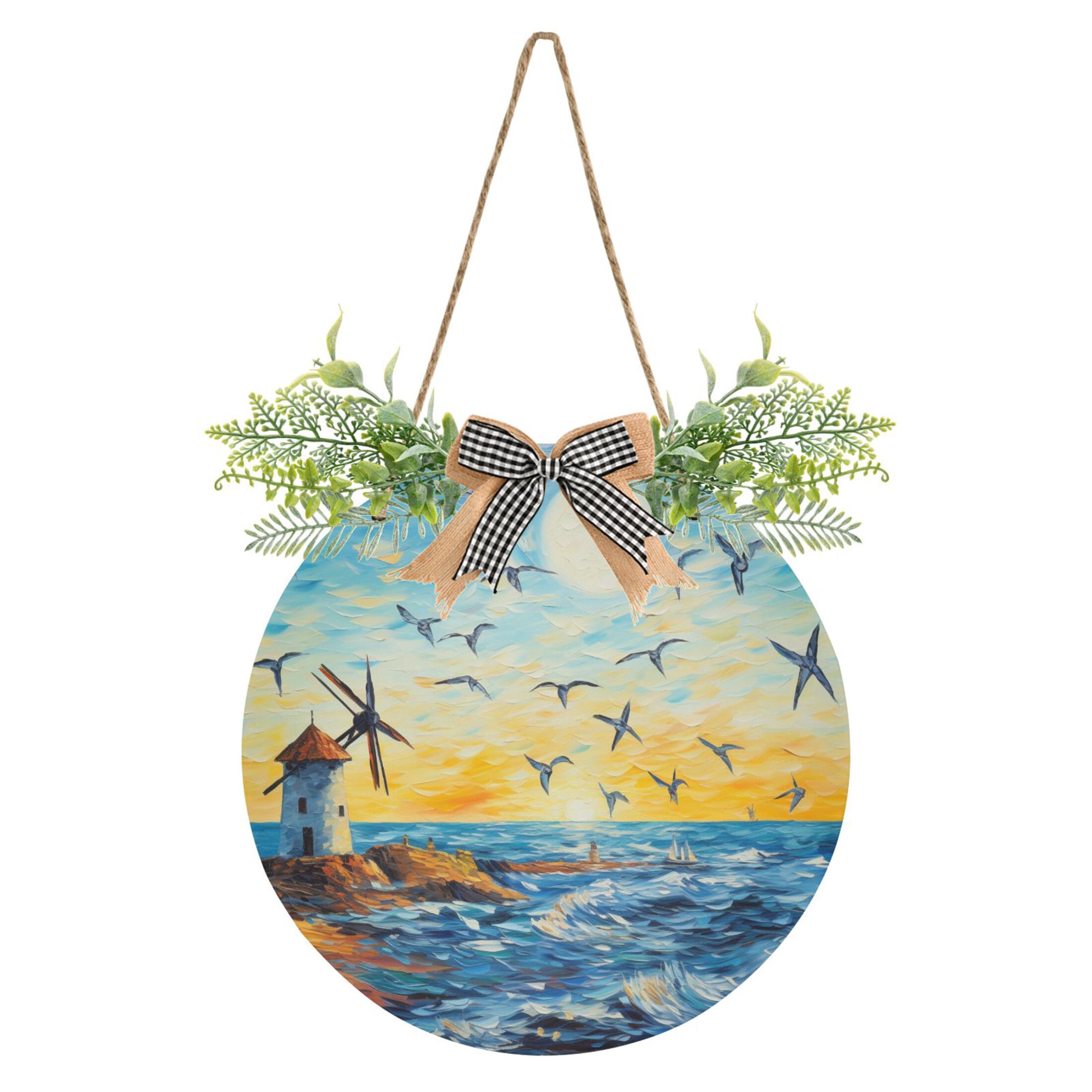 Windmill on Seashore and Seagull Welcome Front Door Sign Round 12 inch ...