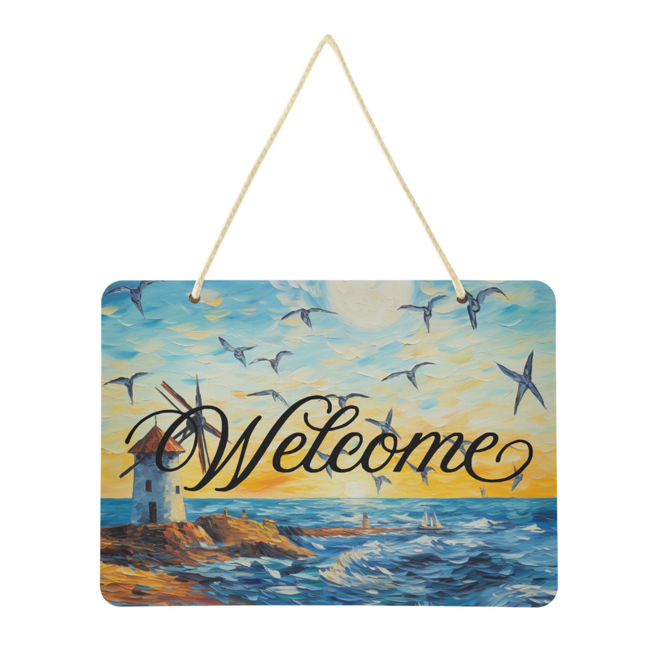 Windmill on Seashore and Seagull Welcome Sign Front Door PVC 14x10 inch ...