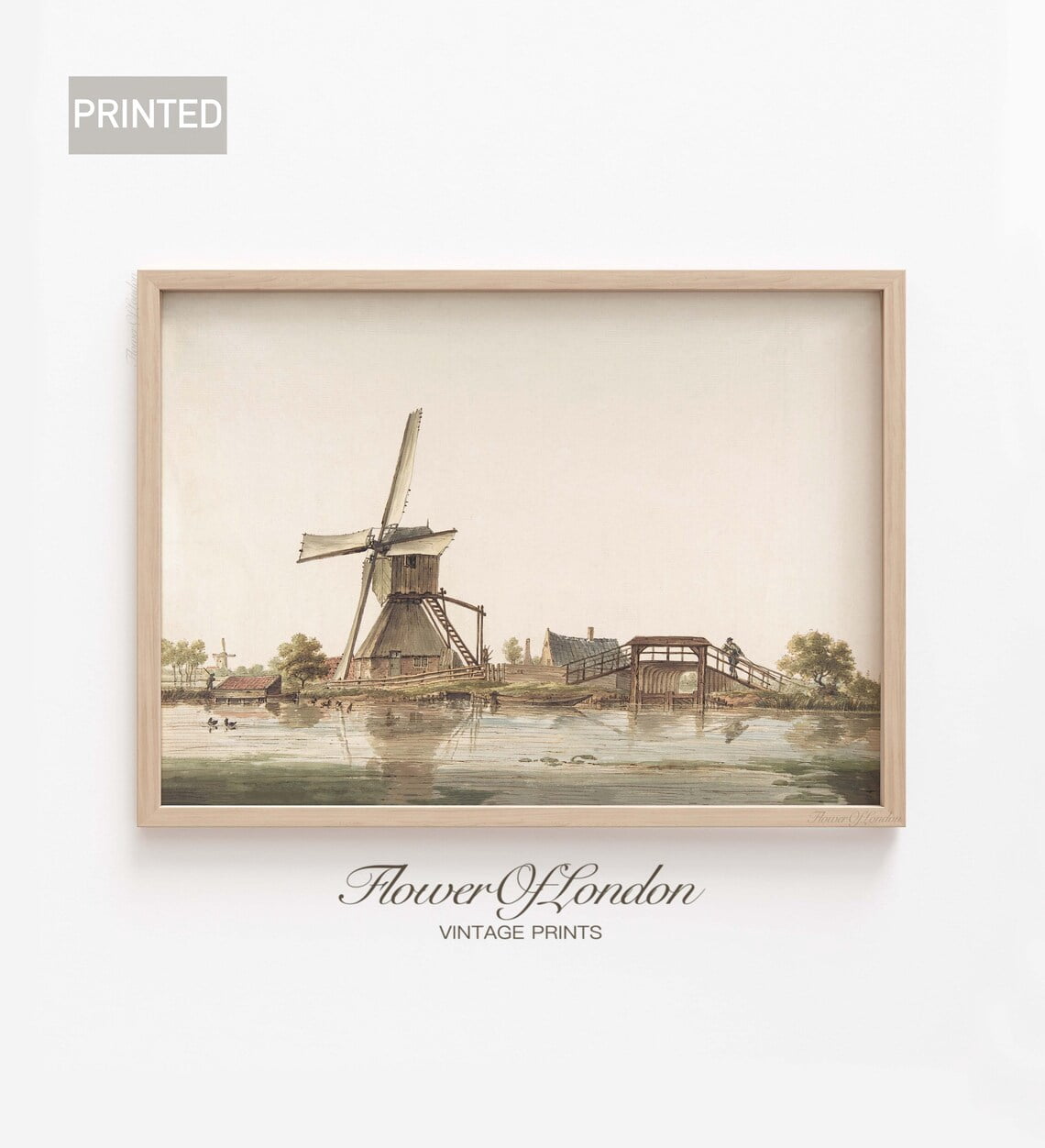 Windmills Landscape Print Rustic Vintage Lake Spring Riverbank Village ...