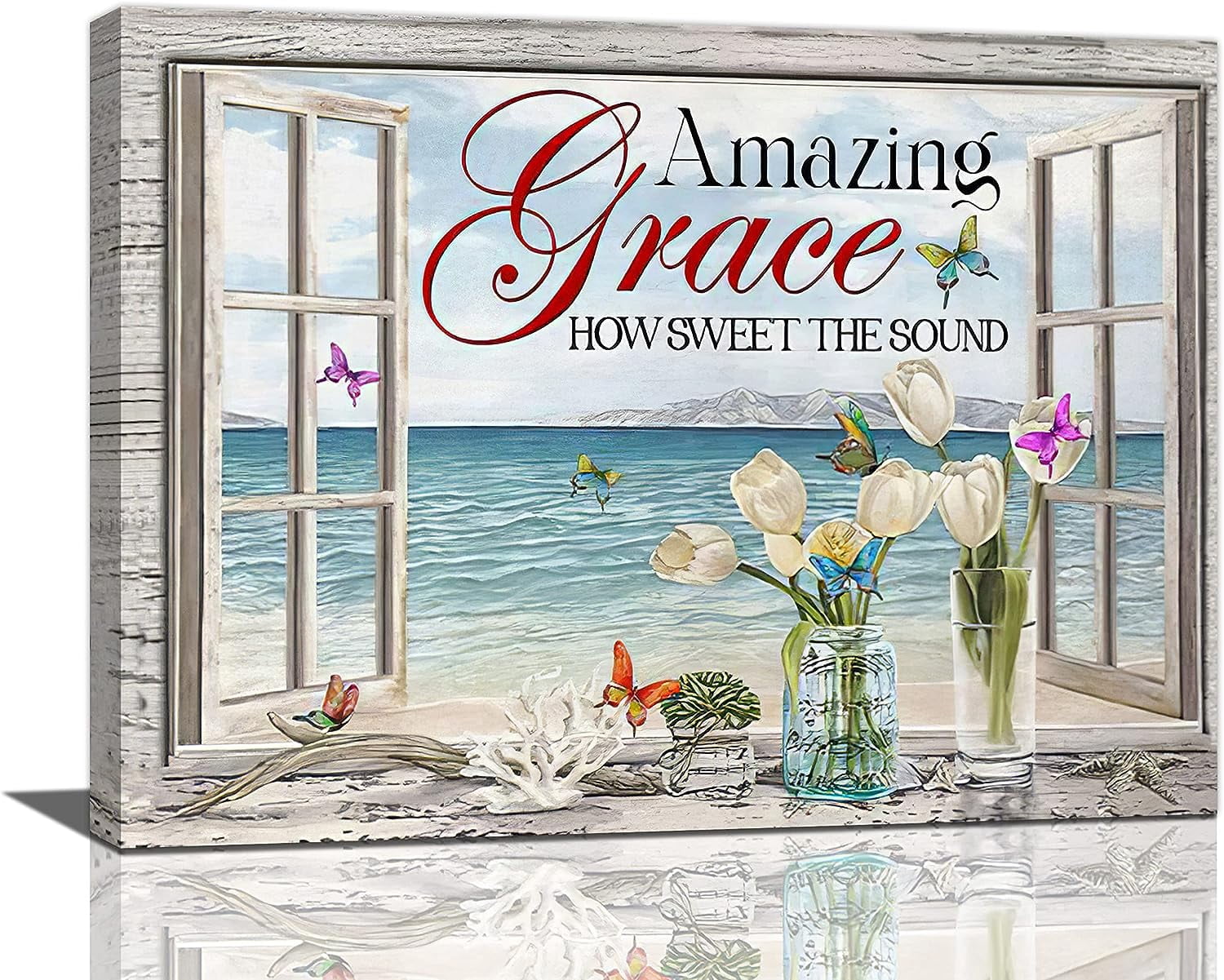 Window Beach Wall Art Butterfly Flower Pictures Wall Decor ...