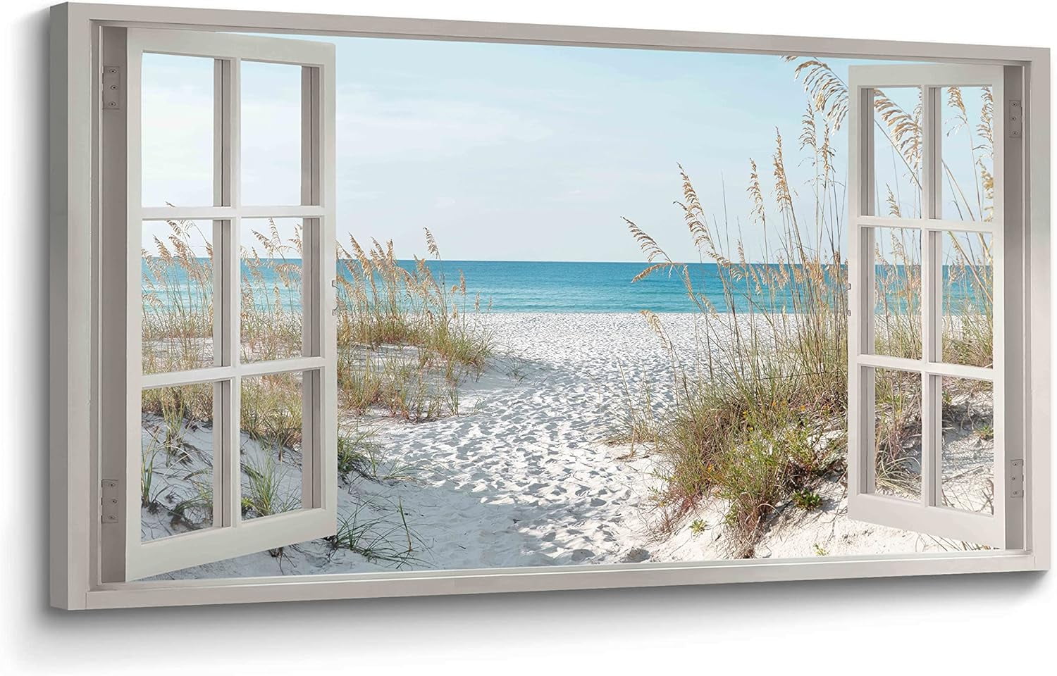 Beach Window Wall Art Canvas: Relaxing Bedroom Living Room Blue Ocean ...