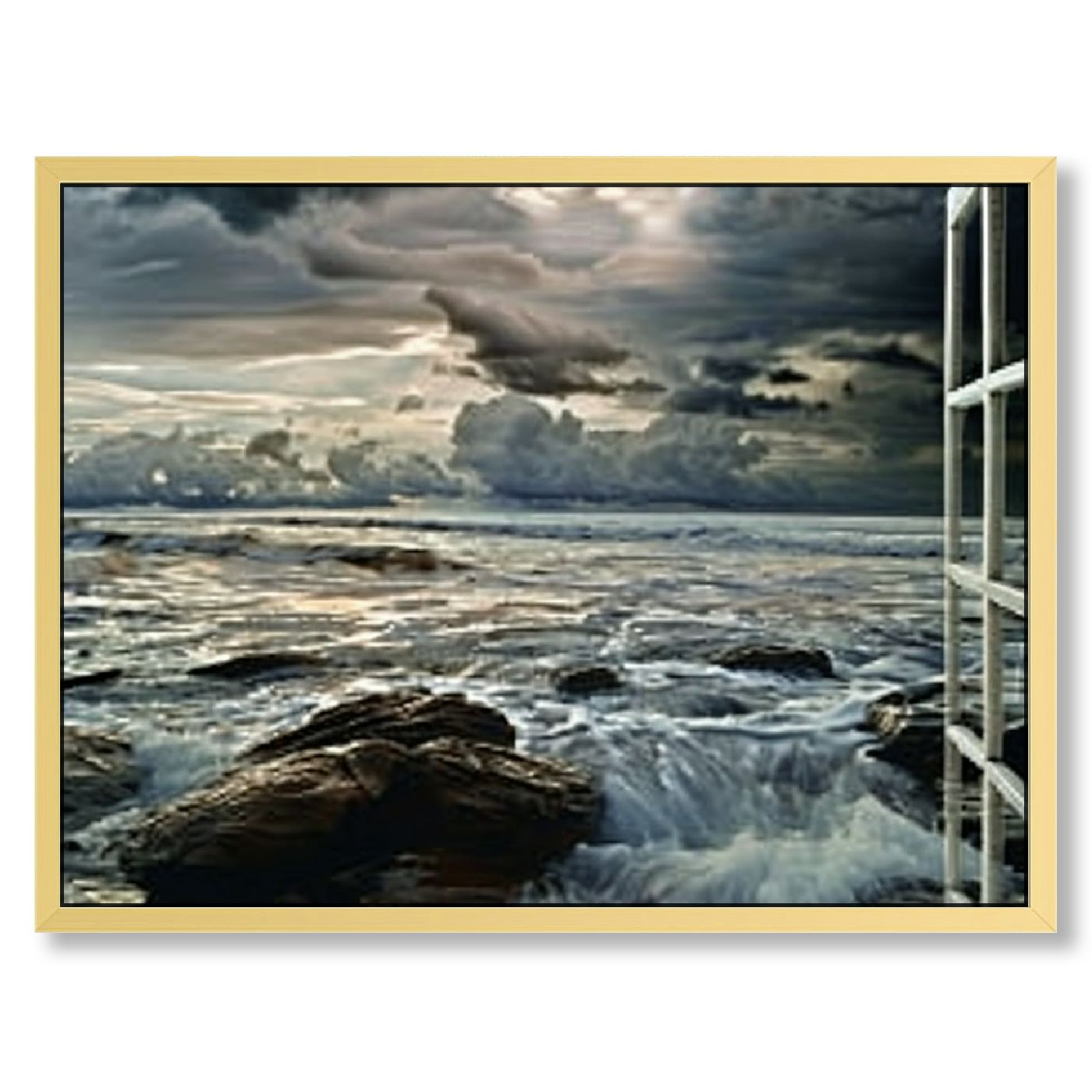 Window Canvas Wall Art: Open Window View Rocky Beach with Distant ...