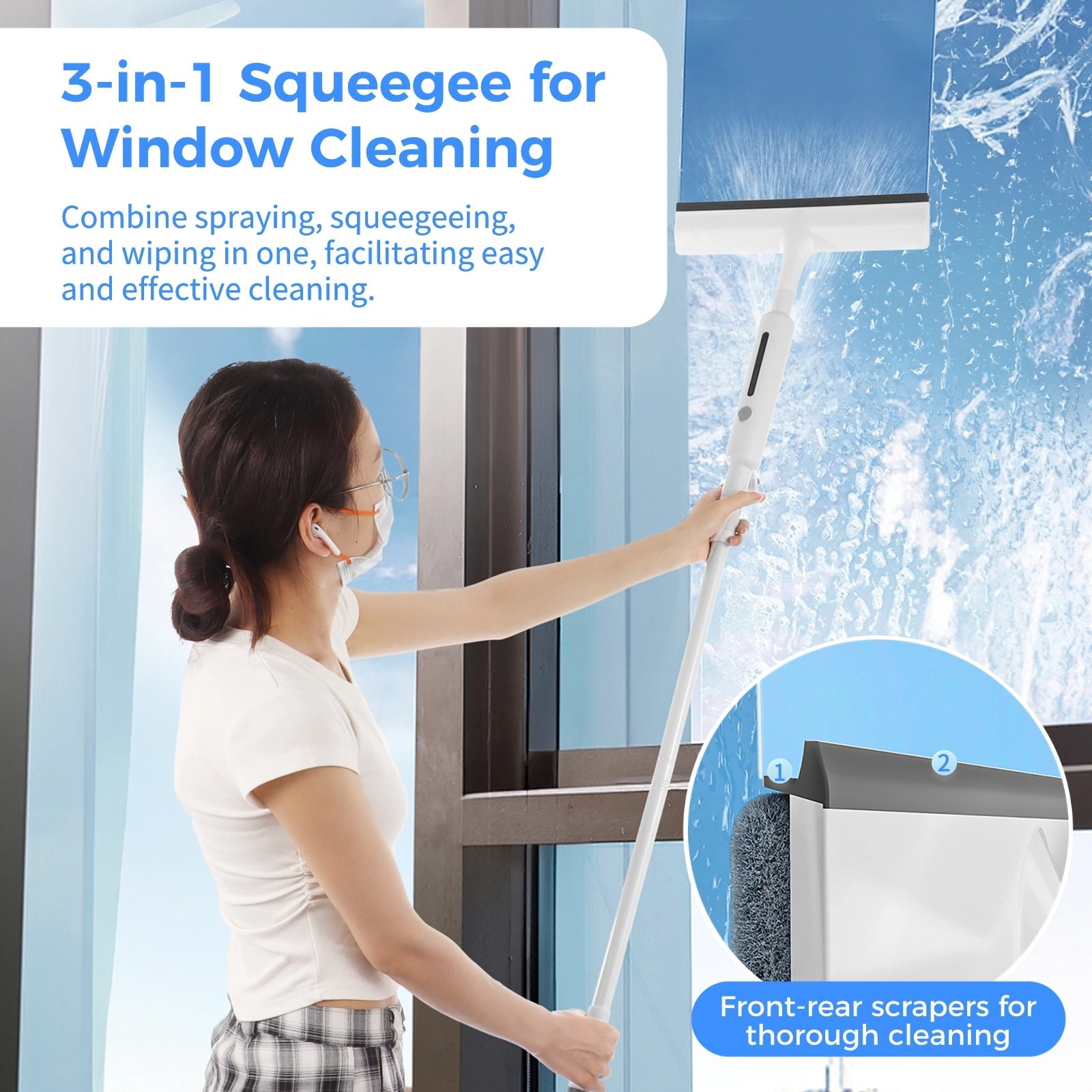Window Cleaning Tool, 3-in-1 Window Squeegee Cleaner with Long ...