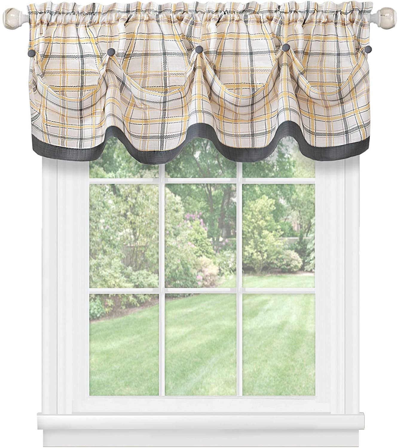 Window Curtain Valance, Double Layer Plaid Gingham Design, Button Tab ...