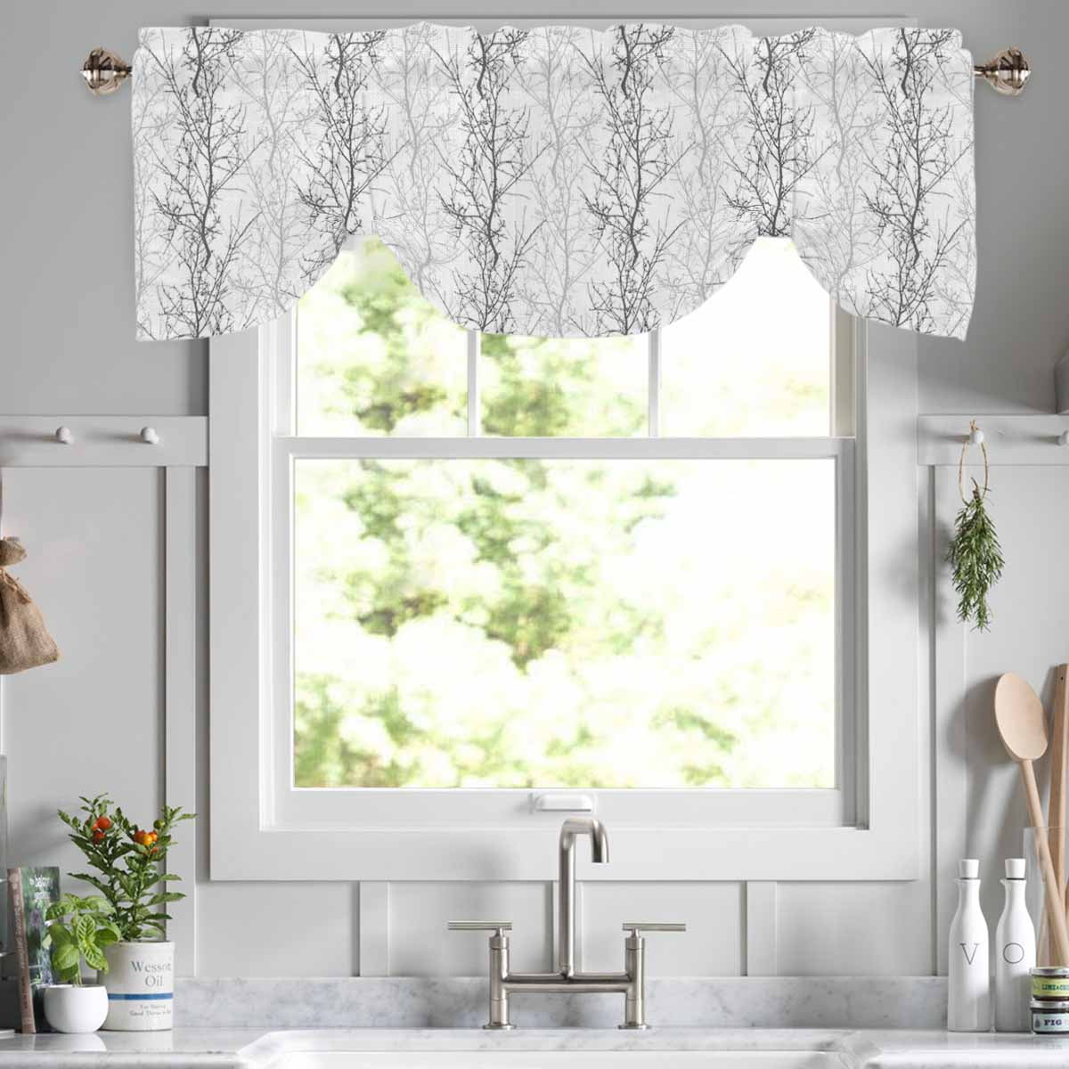 Window Curtain Valance Tree Branch Abstract Rod Pocket Linen Tie Up ...