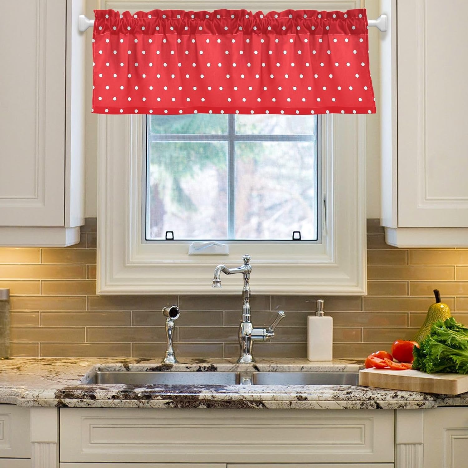 Window Curtain Valance White Polka Dot Red Rod Pocket Valances for ...