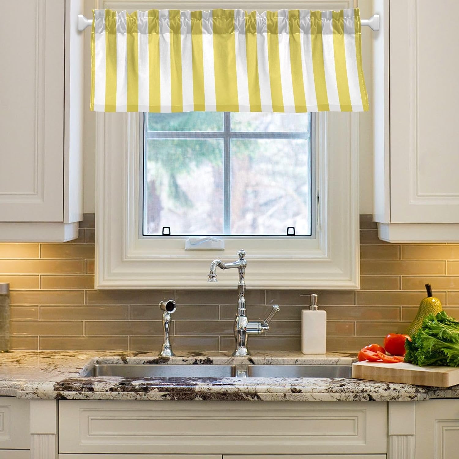 Window Curtain Valance White Yellow Vertical Stripe Rod Pocket Valances ...