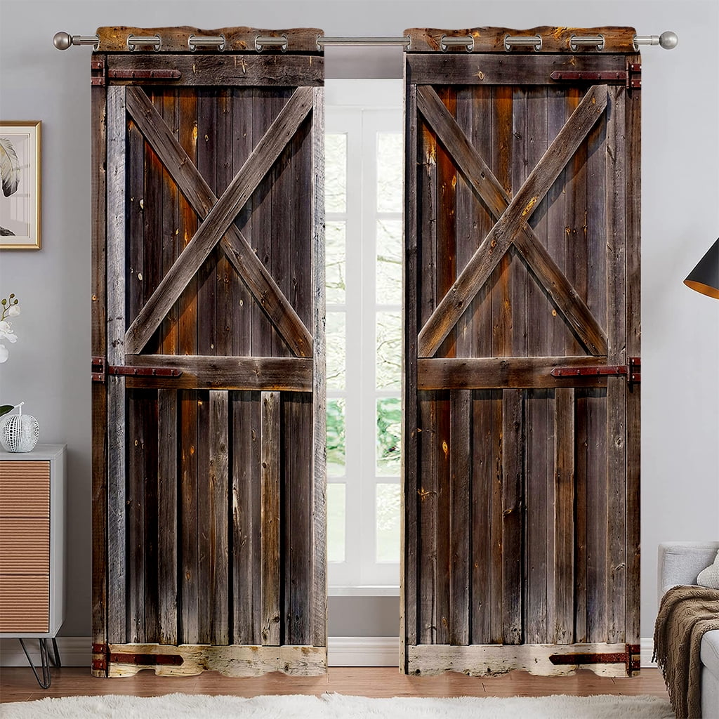 Window Curtains Retro Wooden Door Realistic 3d Printing Curtains ...
