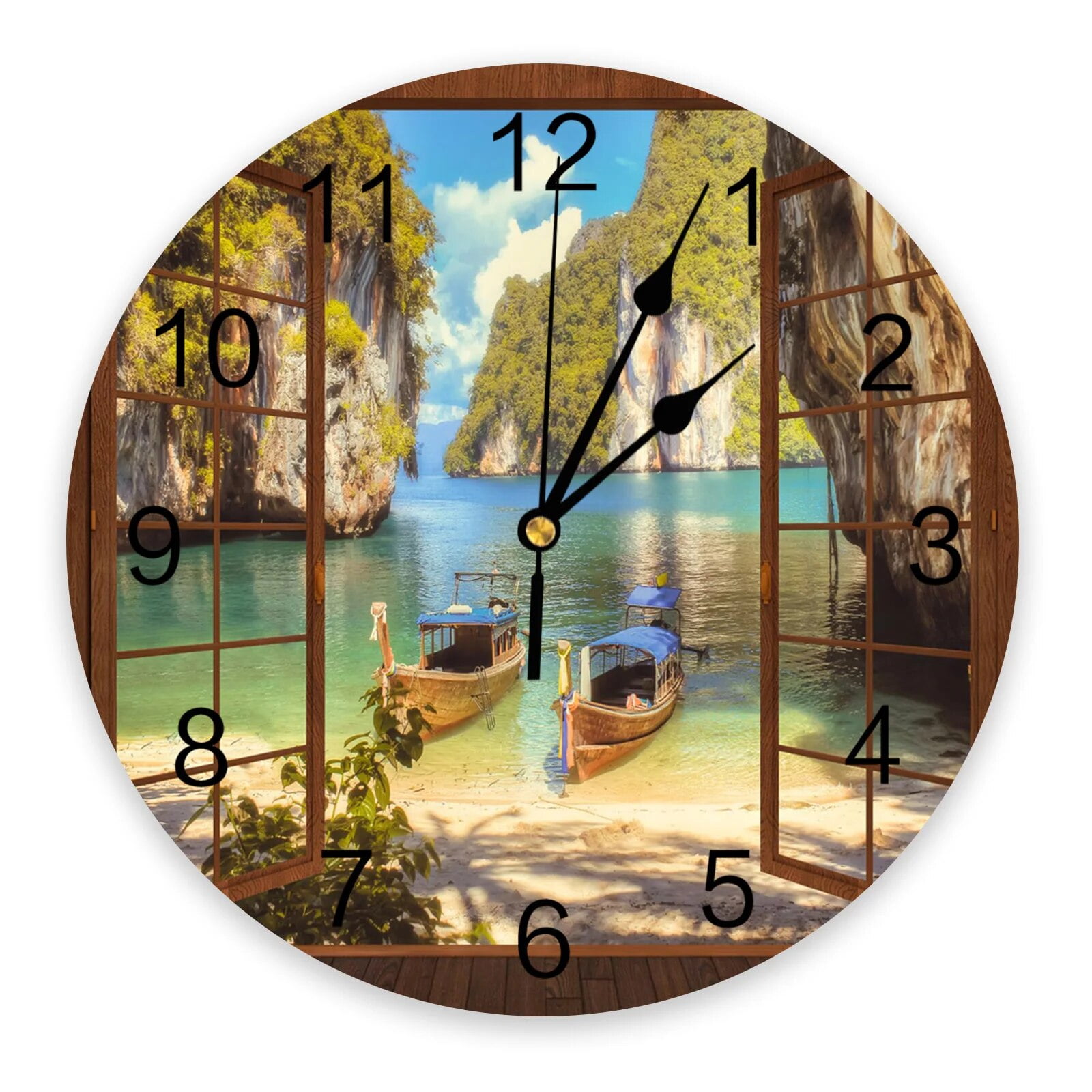 Window Fishing Boat Mountain Scenery Wall Clock Modern Design Living ...