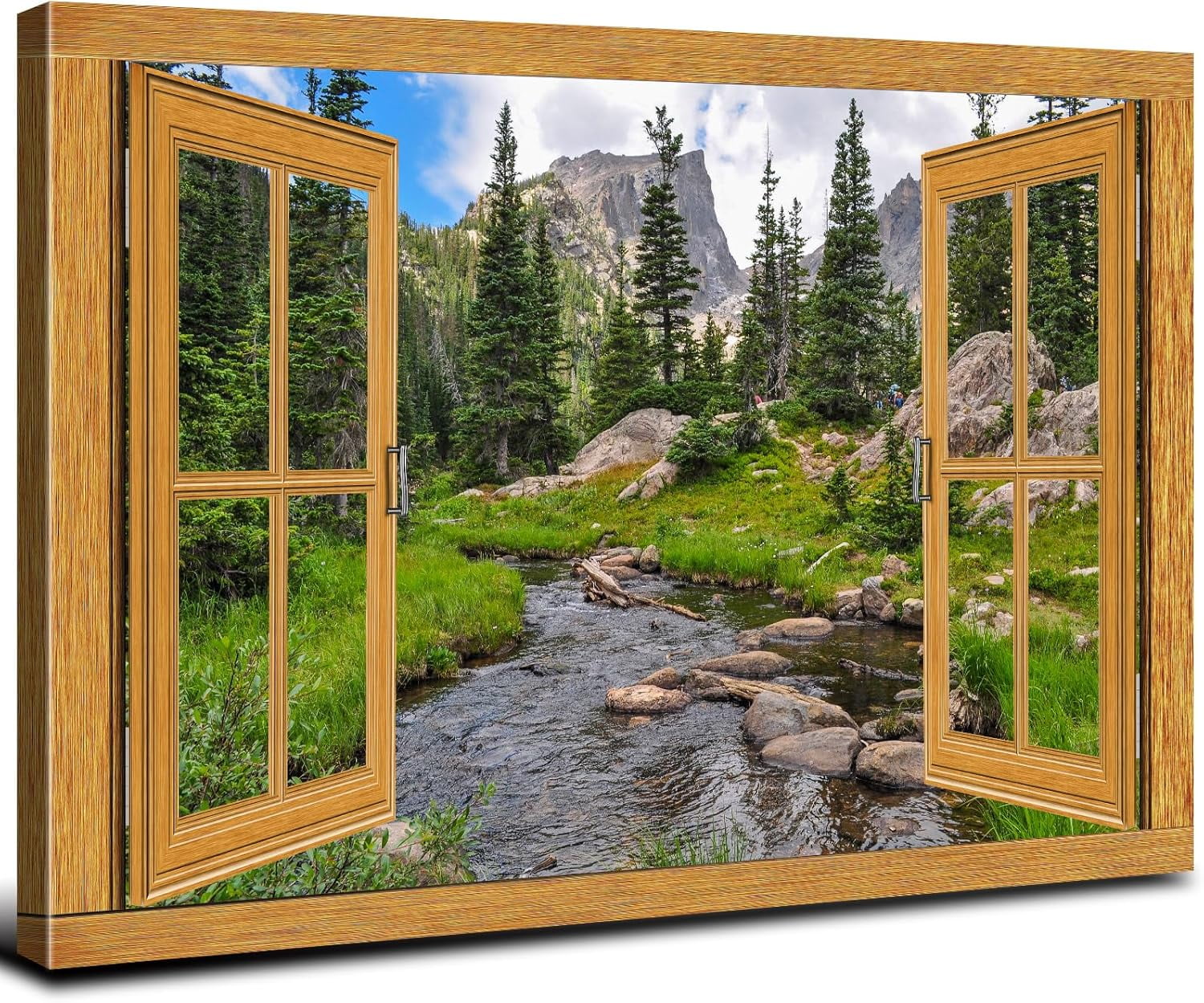 Window Frame Style Sunset Mountain Landscape Wall Art Nature Green Pine ...