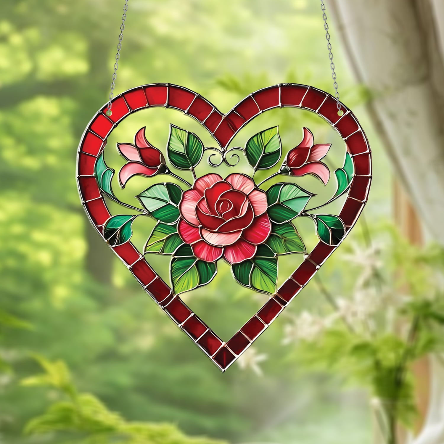Window Hanging Acrylic 2D, Romantic Red Rose Heart Design, Stained ...